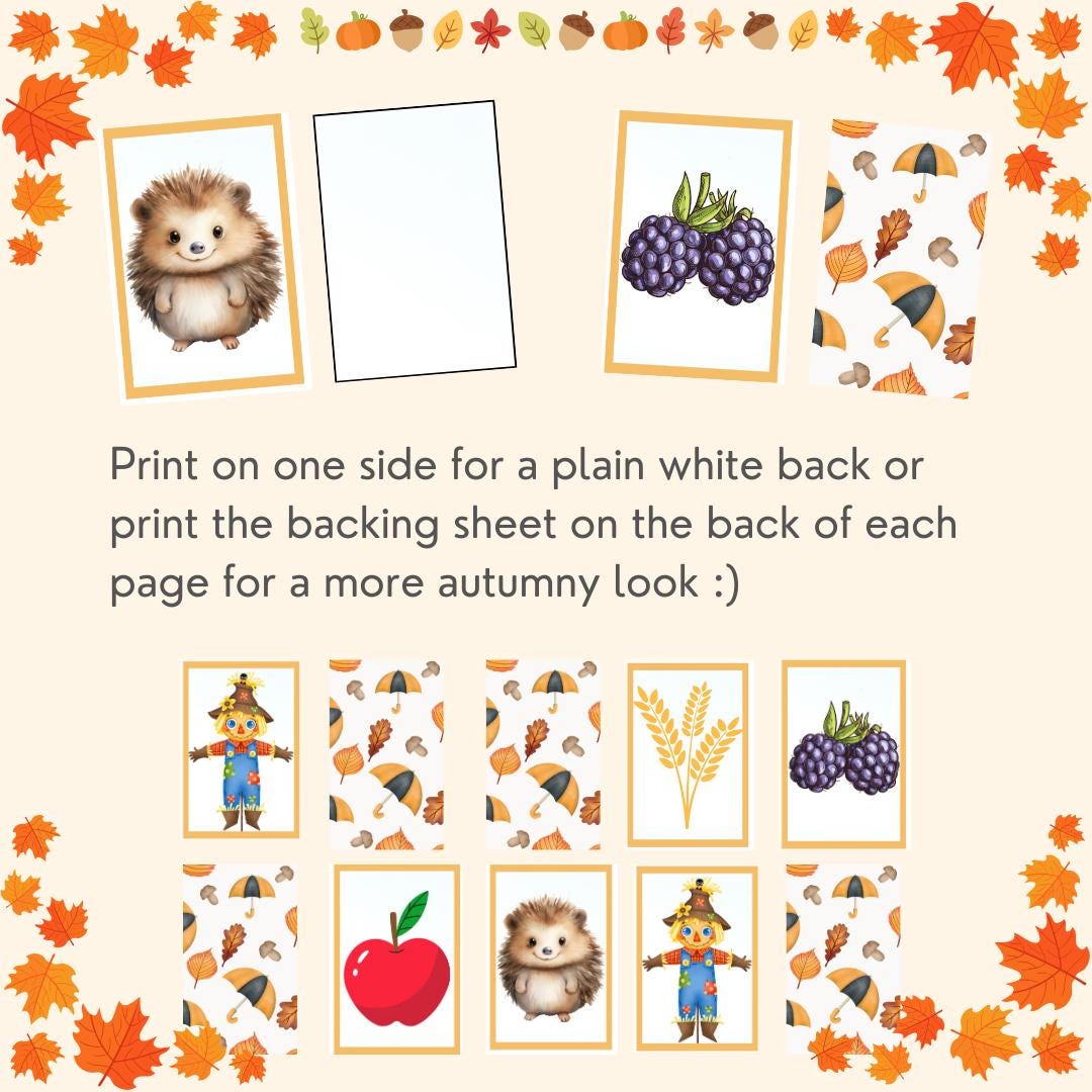 Printable Autumn Fall Matching Pairs Memory Game - 16 Pairs of Autumn ...