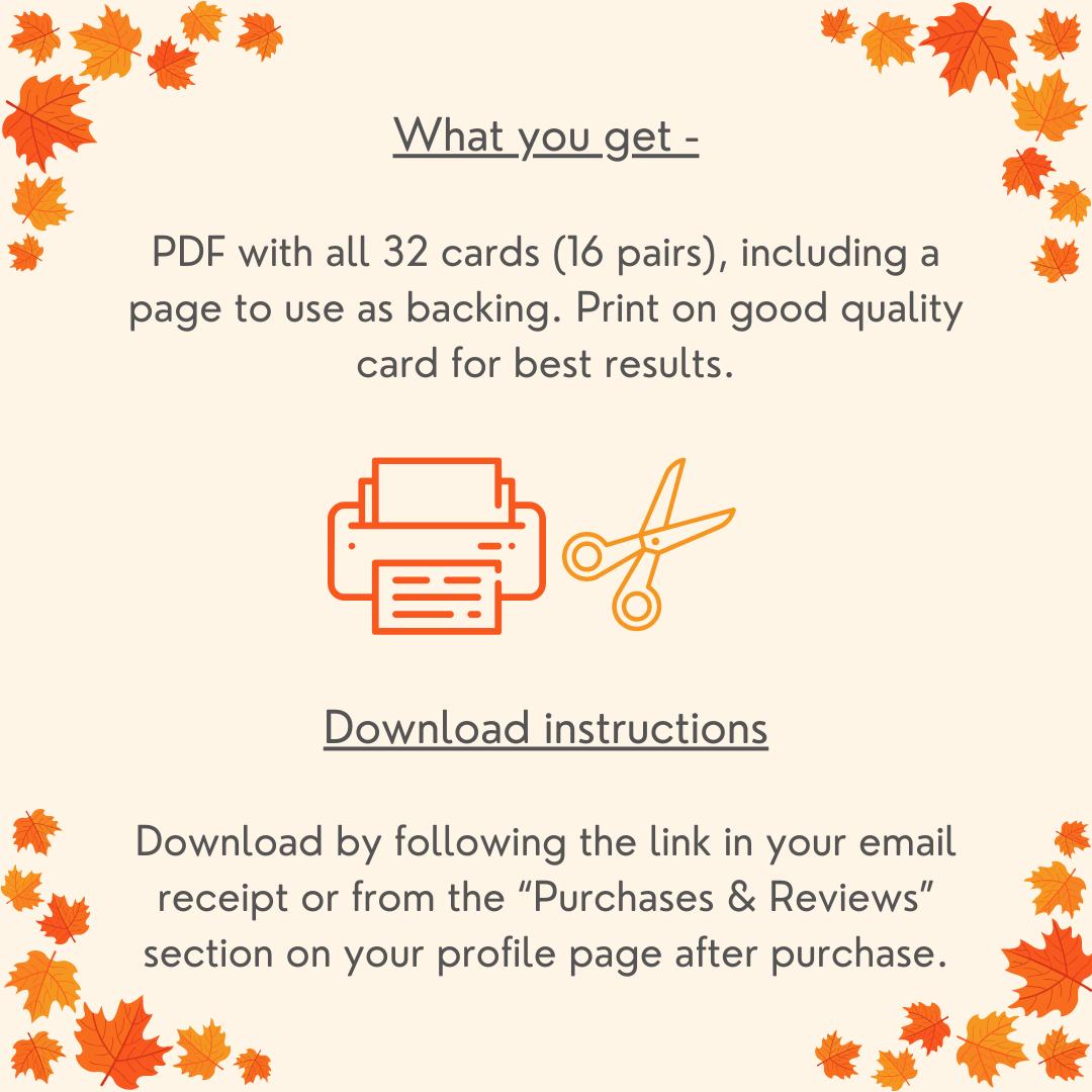 Printable Autumn Fall Matching Pairs Memory Game - 16 Pairs of Autumn ...