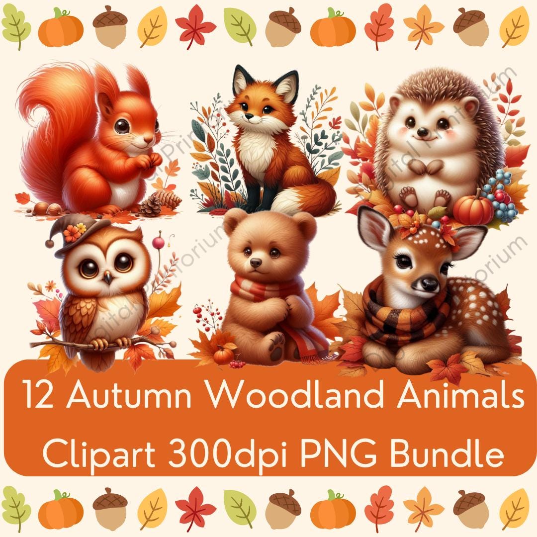12 Autumn Woodland Animals - Transparent PNG Fall Cute Animals Clipart ...