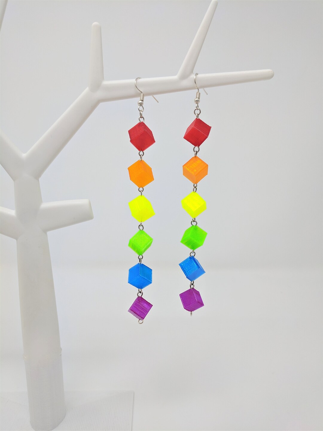 Rainbow Statement Geometric Cube Earrings-3d Printed Lightweight Extra ...