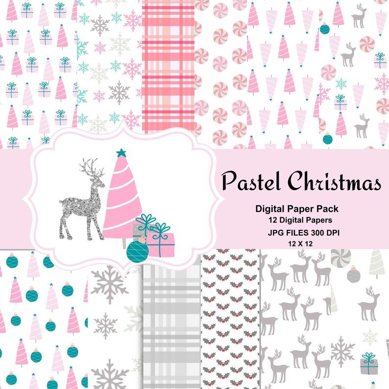 Pastel Christmas Digital Paper Pack, Cute Christmas Pattern, Holiday ...