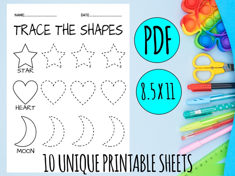 Trace the Shapes PDF Printable Worksheets Preschool Kindergarten ...