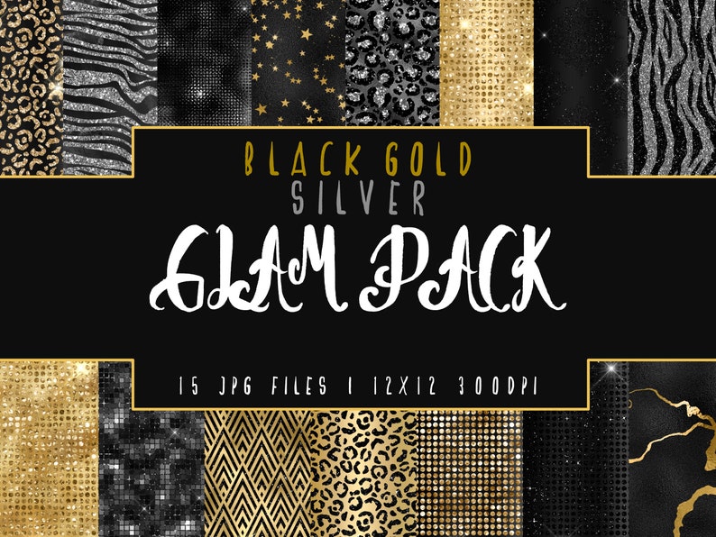 Black Gold and Silver Glam and Glitter Digital Paper Collection | 12" X ...