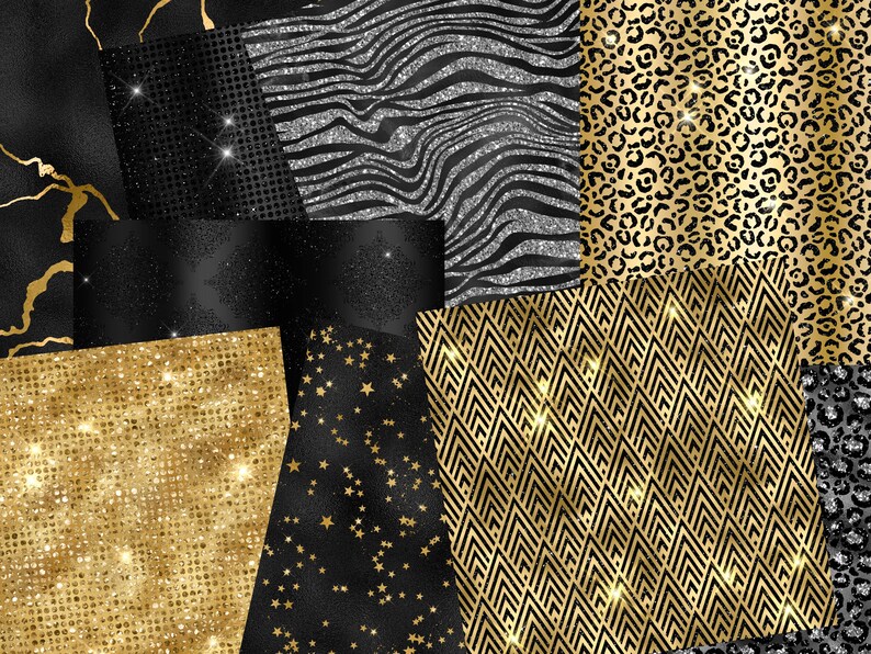 Black Gold and Silver Glam and Glitter Digital Paper Collection | 12" X ...
