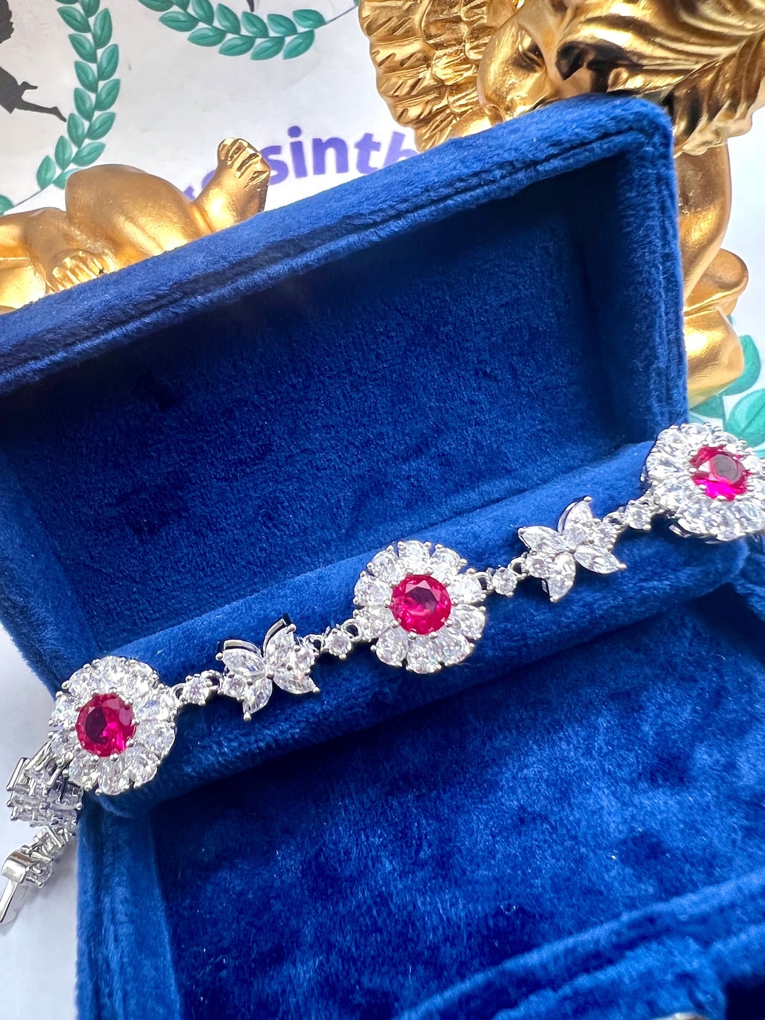 Genuine Lab-grown Red Ruby Bracelet, Super Luxury Halo Ruby Bracelet ...