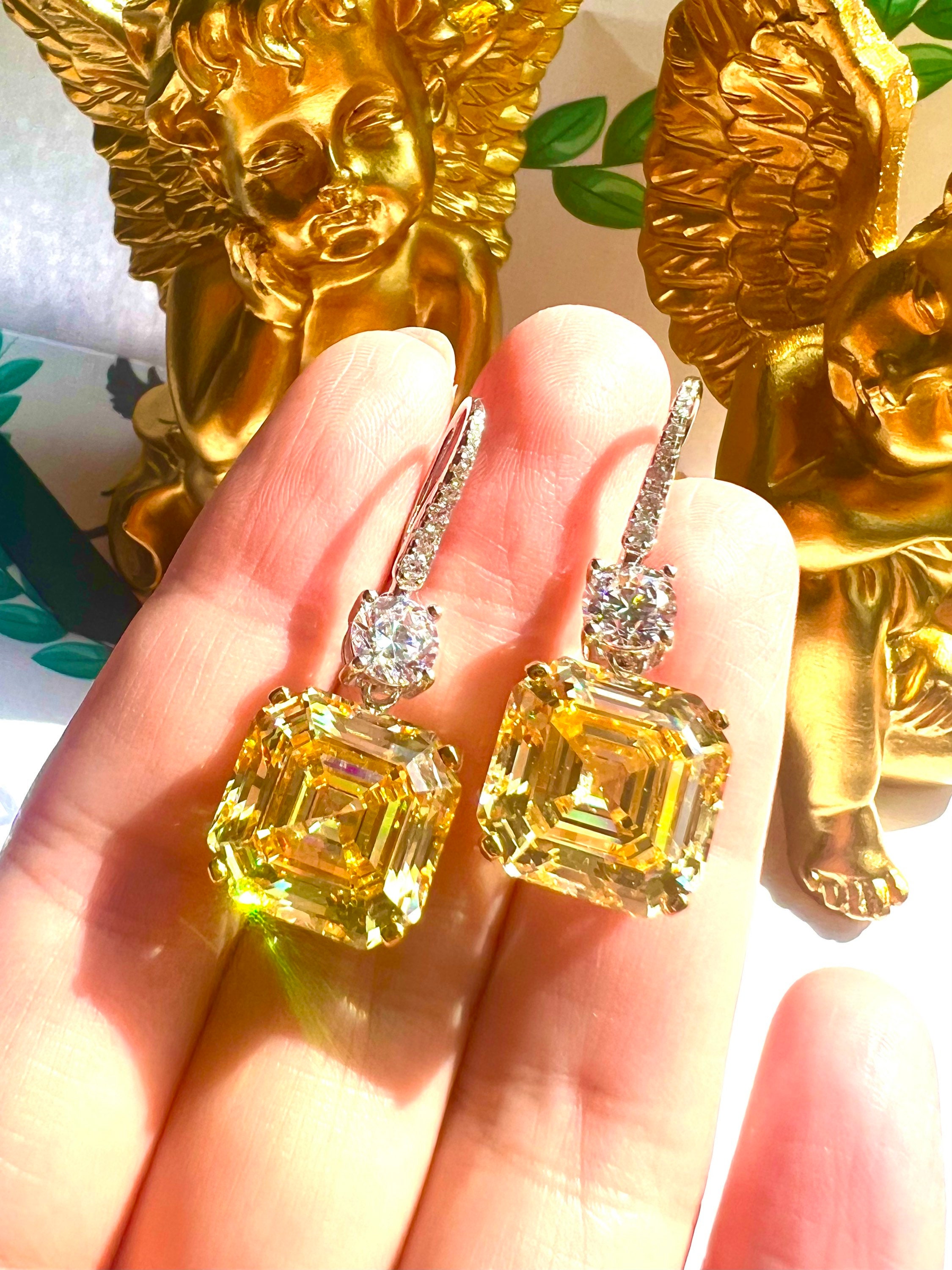 CrownAngelsInTheSky Canary Yellow Diamond Asscher Cut 14x14mm Luxury Earring Exquisite Vintage Style Art Deco Design Earring 925 Silver with 18kgp