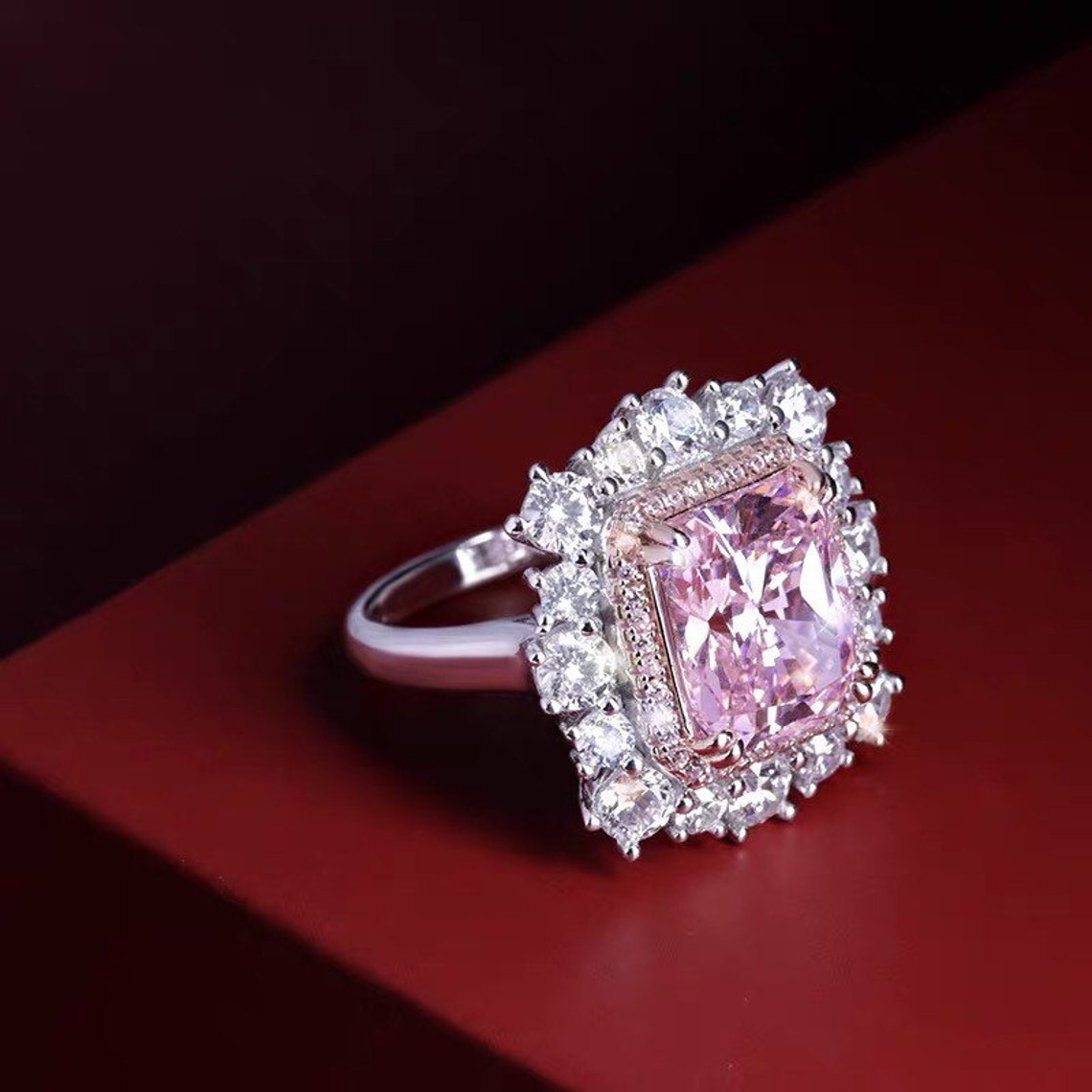 PINK DIAMOND RING Huge Halo Luxury Pink Sapphire Engagement | Etsy