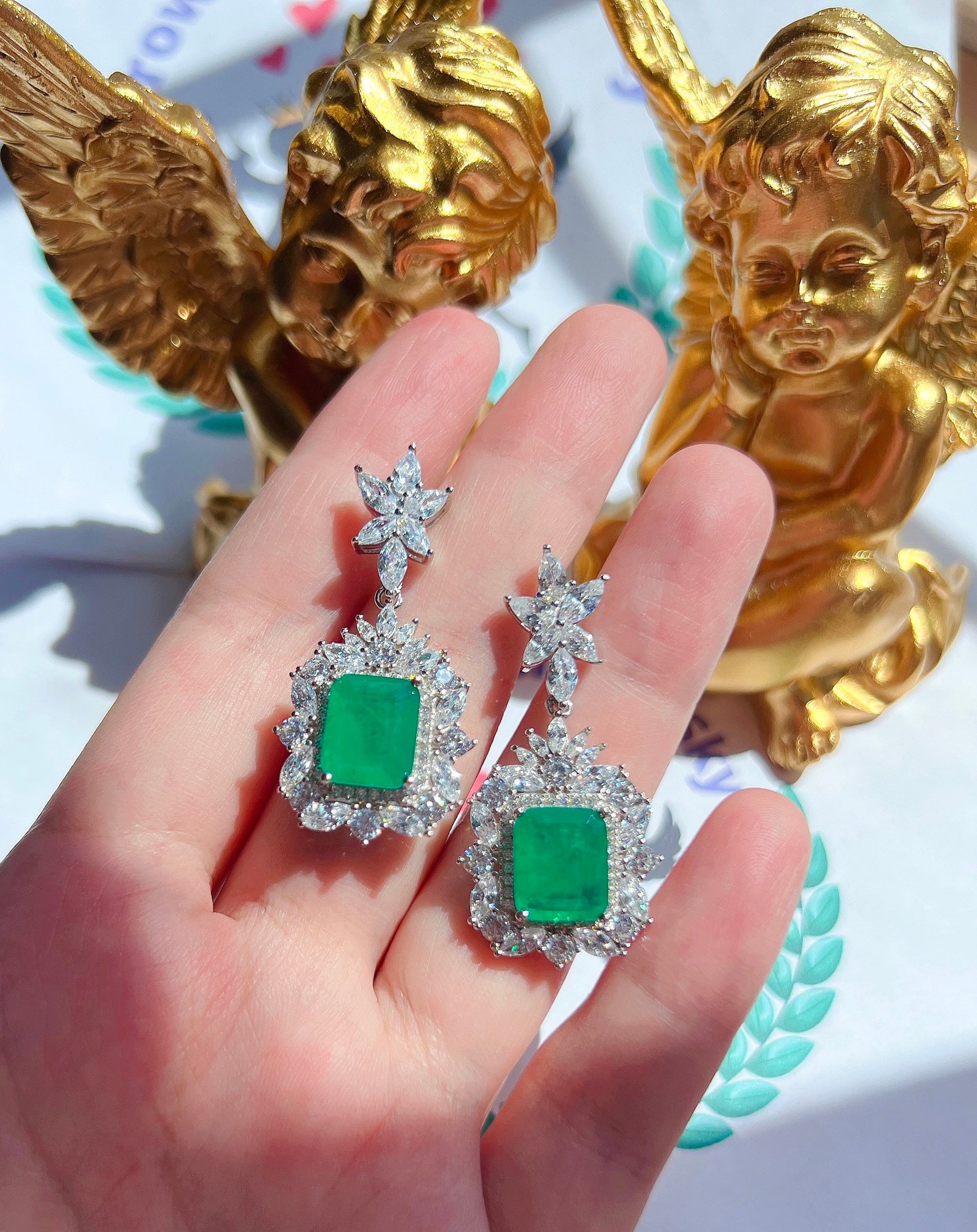 7 Carat Doublet Emerald Earring Dangle Chandelier Halo Style Neon ...