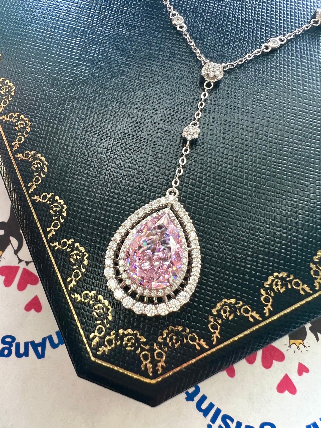 7 Carat Pink Diamond Simulant Necklace, Fancy Pink Party Queen Long ...