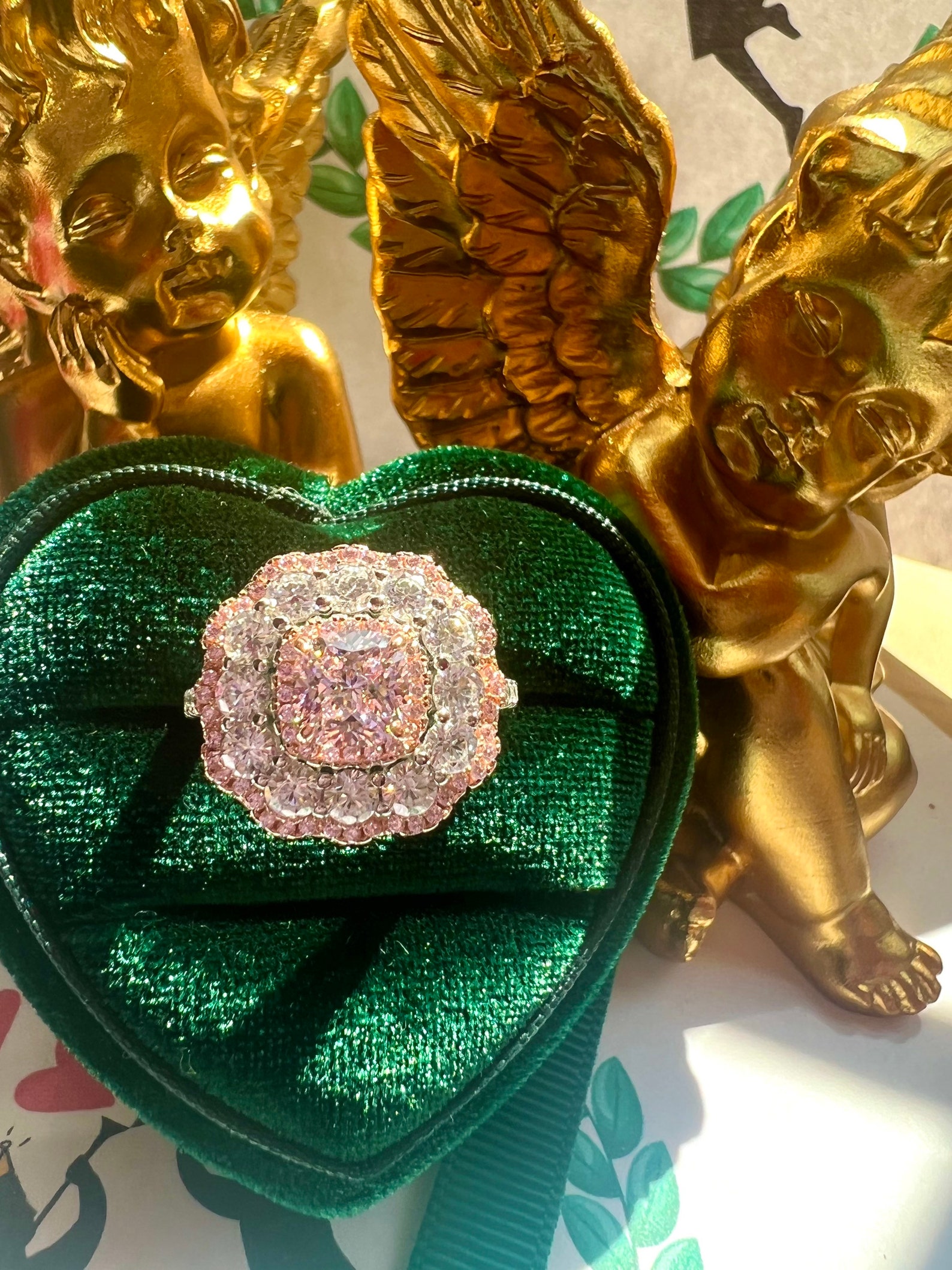 7 Total Carat Fancy PINK Diamond Simulant Halo Ring, Vintage ART DECO ...