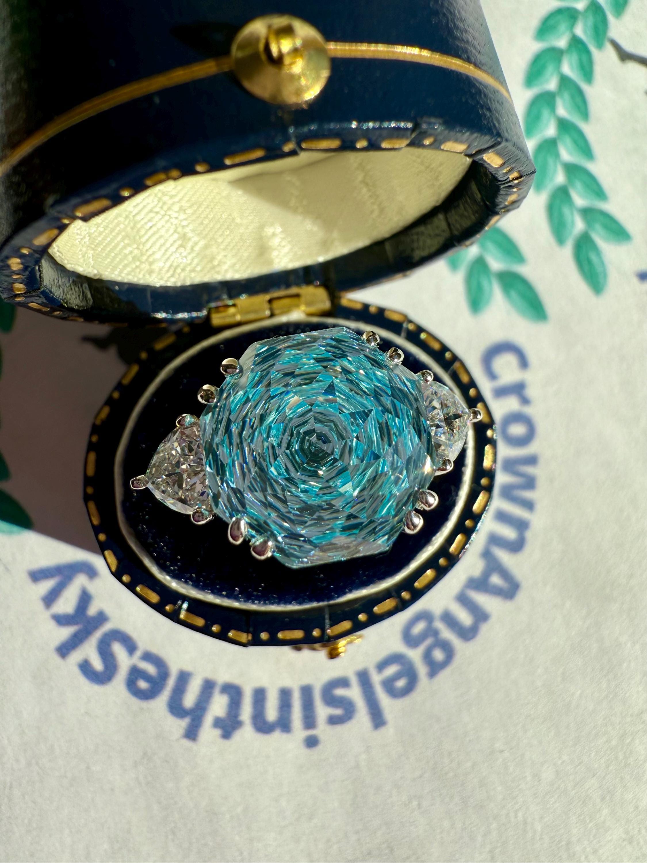 5 Carat Light Blue Rose Cut Aquamarine Blue Promise Ring, Art Deco ...