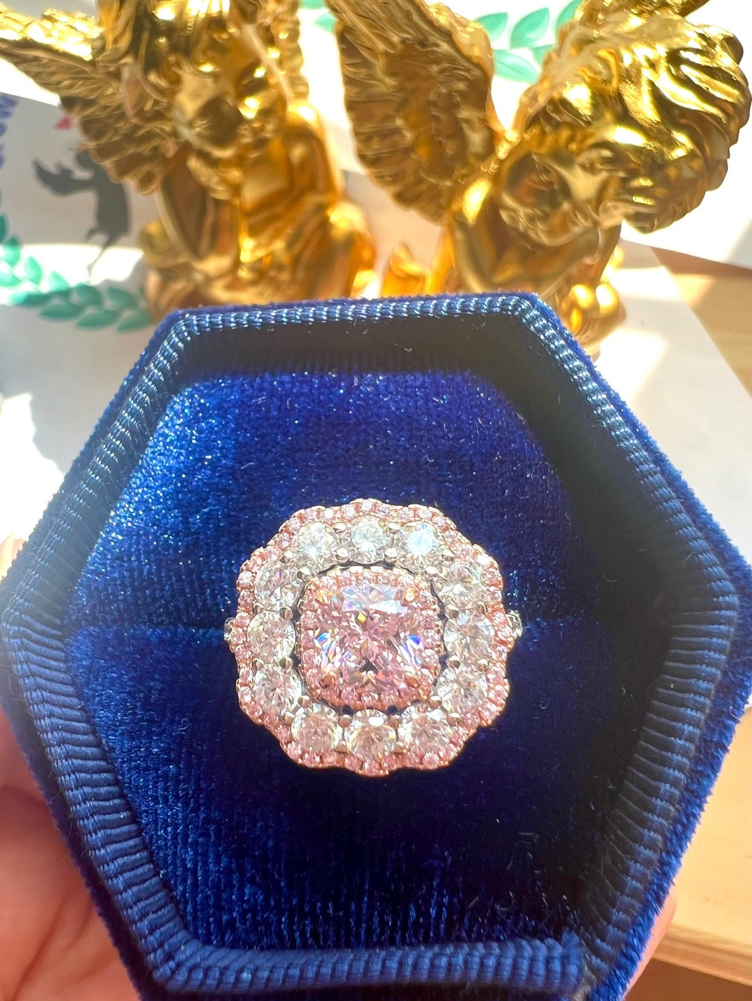 7 Total Carat Fancy PINK Diamond Simulant Halo Ring, Vintage ART DECO ...