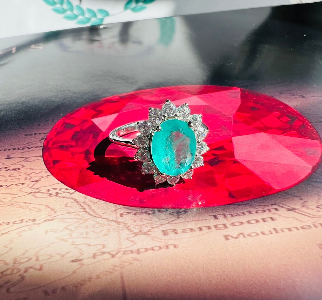 Royal Style Luxury Halo Ring, Ocean Blue Statement Anniversary Ring, Huge Stone Size Ring, Royal ...