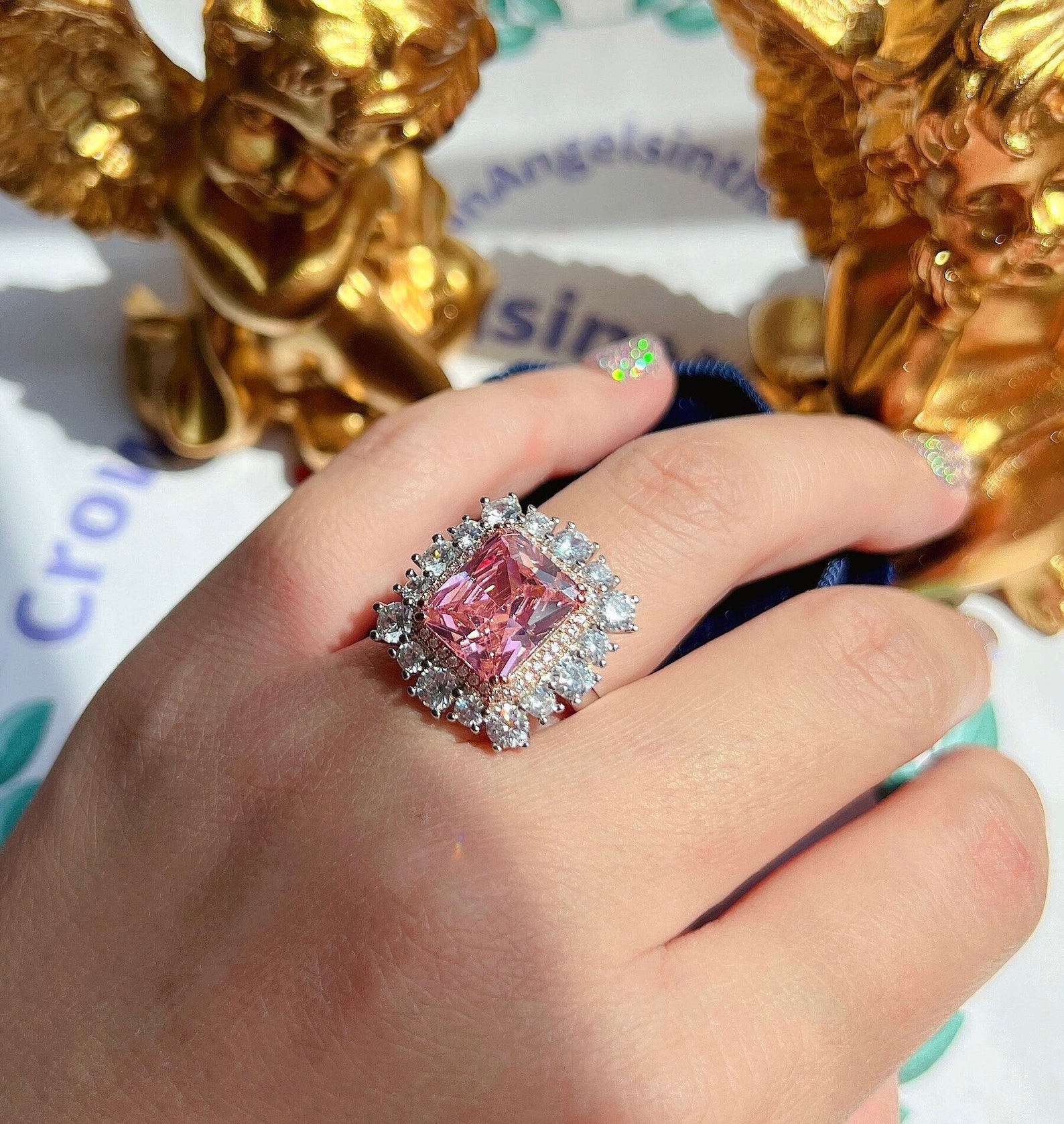 PINK DIAMOND RING, Huge Halo Luxury Pink Sapphire, Engagement Ring, Art ...