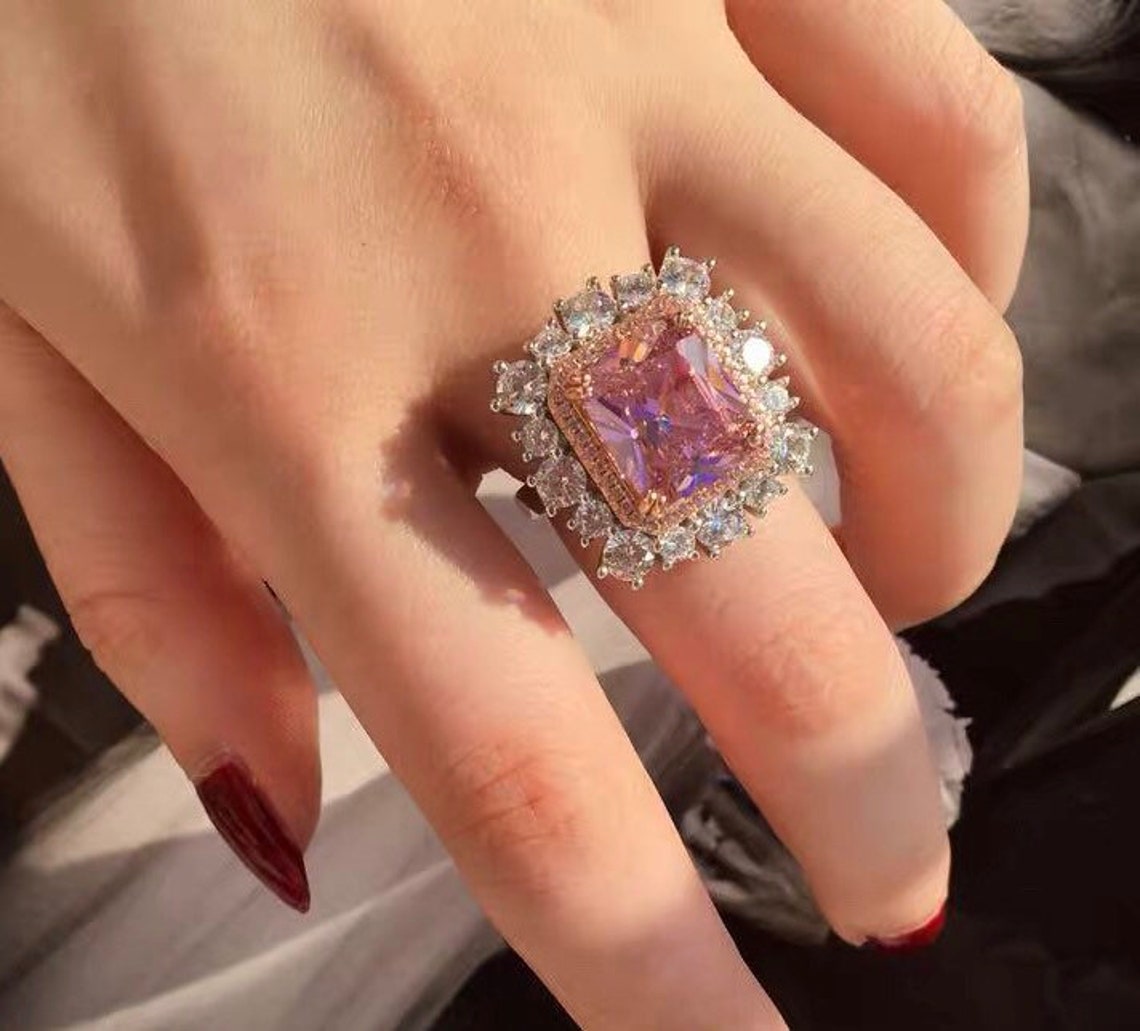 PINK DIAMOND RING Huge Halo Luxury Pink Sapphire Engagement | Etsy