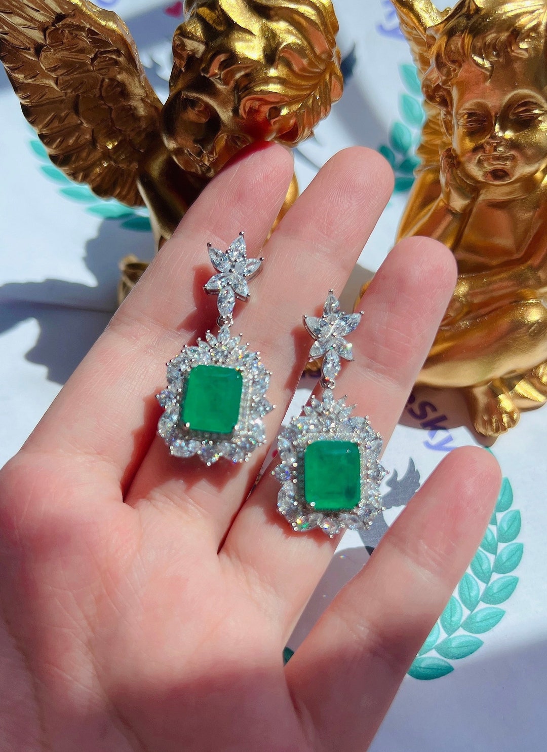 7 Carat Doublet Emerald Earring Dangle Chandelier Halo Style Neon ...