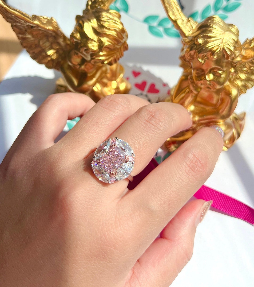 Fancy PINK Diamond Halo Ring, Exquisite Vintage ART DECO Floral Style ...