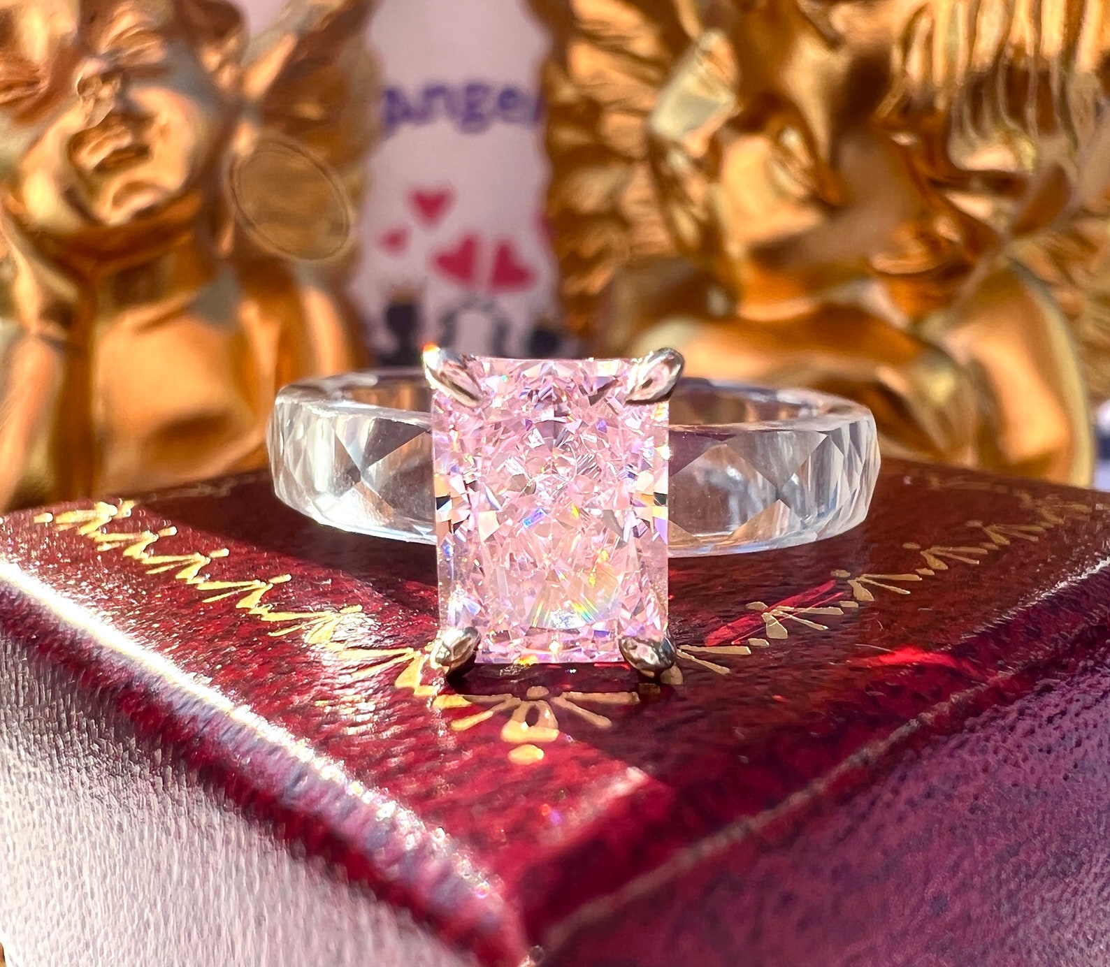 Clear Crystal Band W PINK Diamond Simulant Statement Ring, Exquisite ...