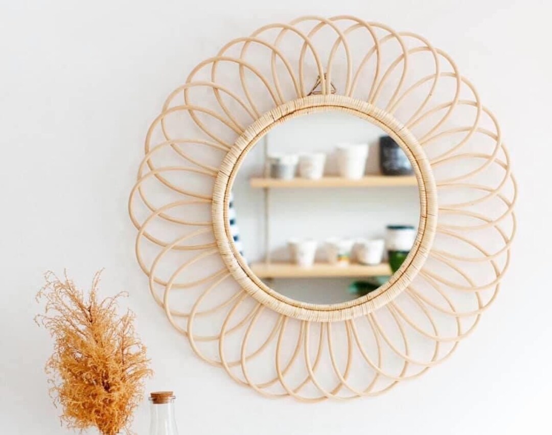 Floral White Rattan/bamboo Round Mirror, Handmade, Vintage Natural ...