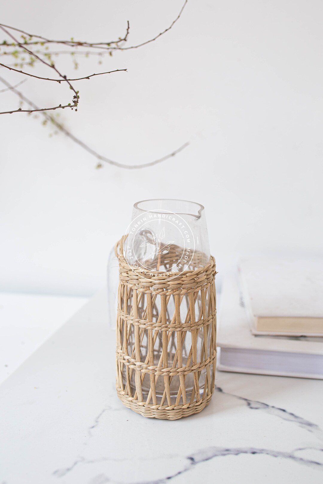 Hand Blow Glass Pitcher, Seagrass-wrapped Pitcher, Small Milk Jug ...