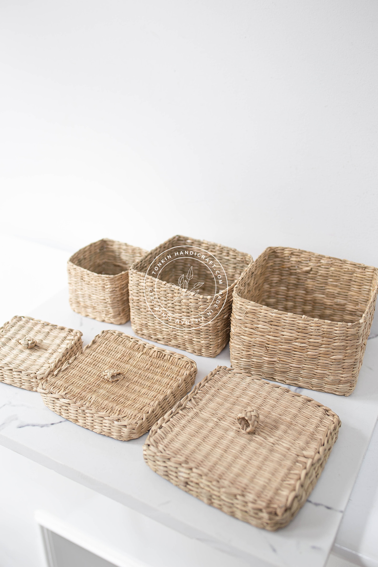 Set of 3 Braided Handwoven Natural Oval/square Holder Basket With Lid ...