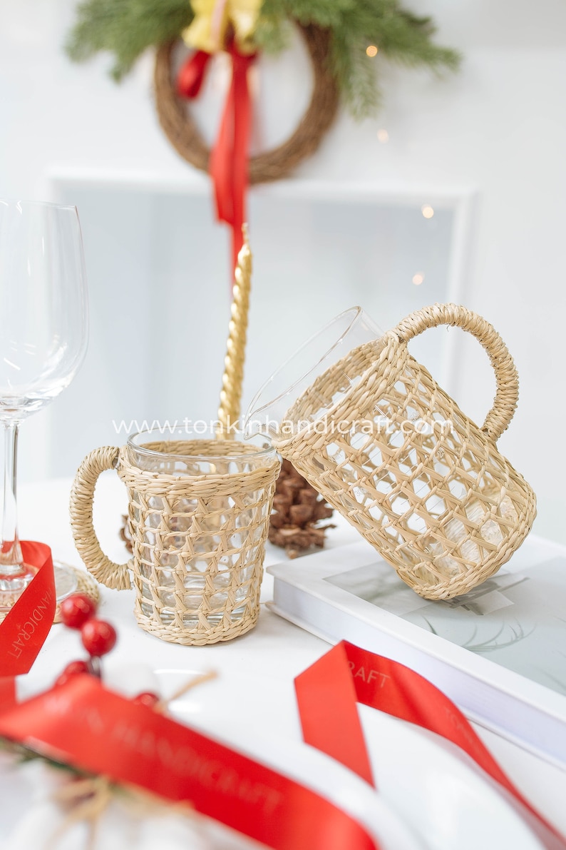 Glass Carafe, Seagrass-wrapped Pitcher, Small Milk Jug, Handmade ...