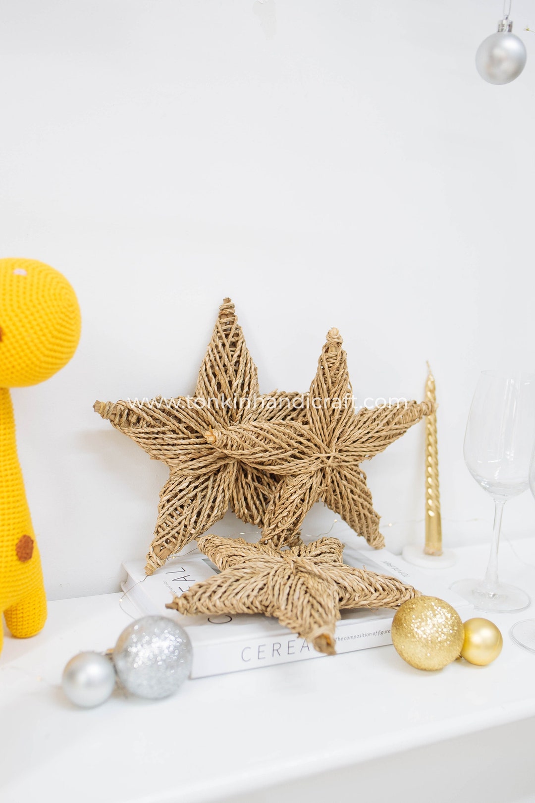 Rattan Tree Topper, Woven Straw Wicker Vintage Star Woven Snowflake ...