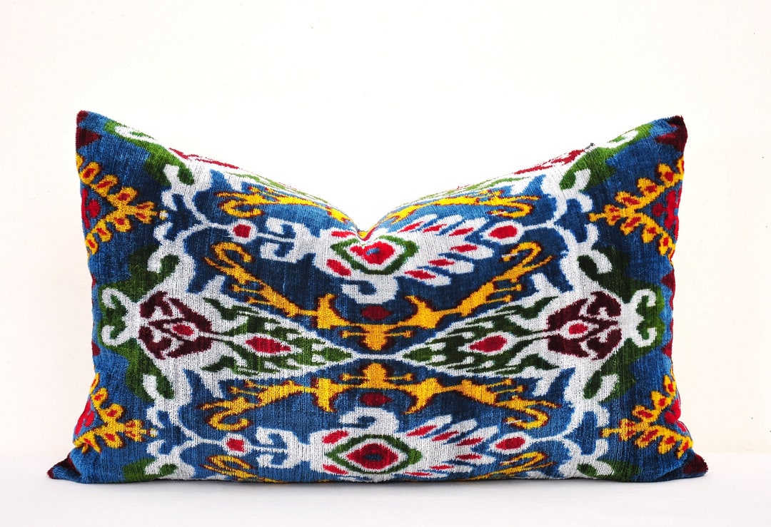 Multi Color Velvet Ikat Pillow, Ikat Cushion, Accent Decorative Pillow ...