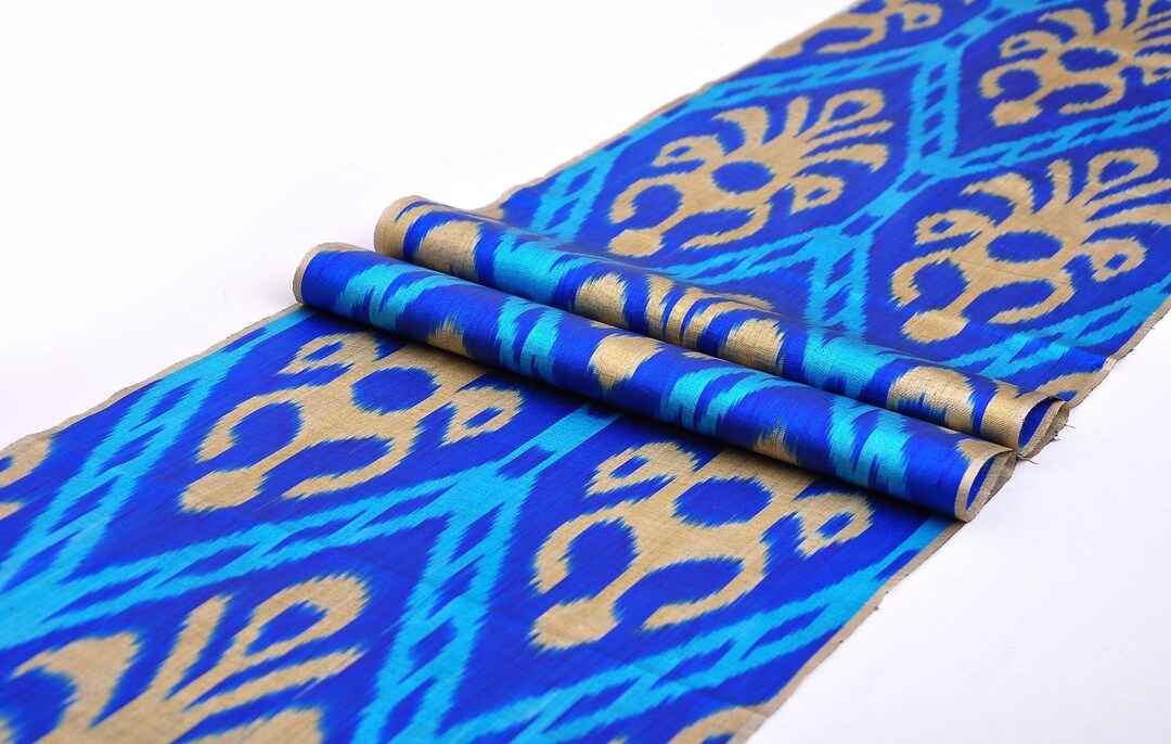Medium Blue Ikat Fabric by the Yard, Upholstery, Handwoven Fabric ...