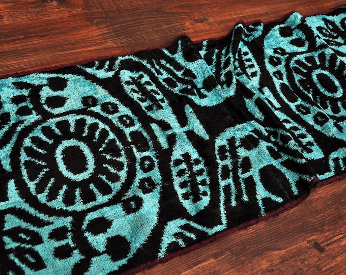 Moth Design Velvet Ikat Fabric, Black Green Velvet Fabric, Handmade ...