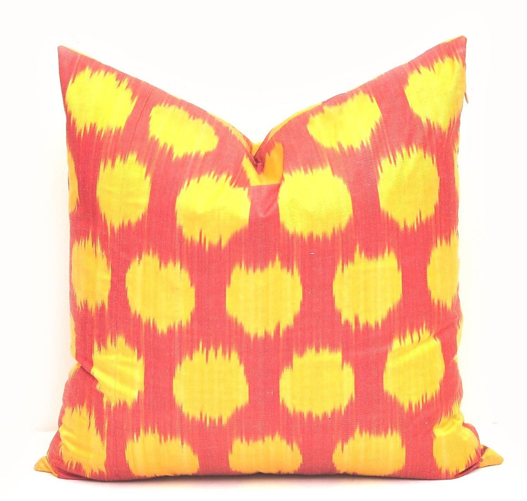 20x20 Red and Yellow Polka Dot Design Ikat Pillow, Ikat Cushion, Accent ...