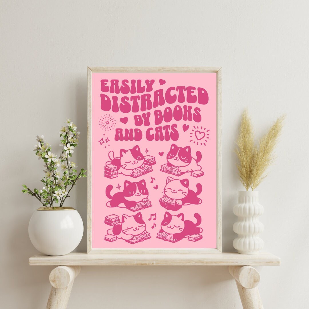 Pink Cute Cat Reading Print PRINTABLE File (books, Cats and Book Lover ...