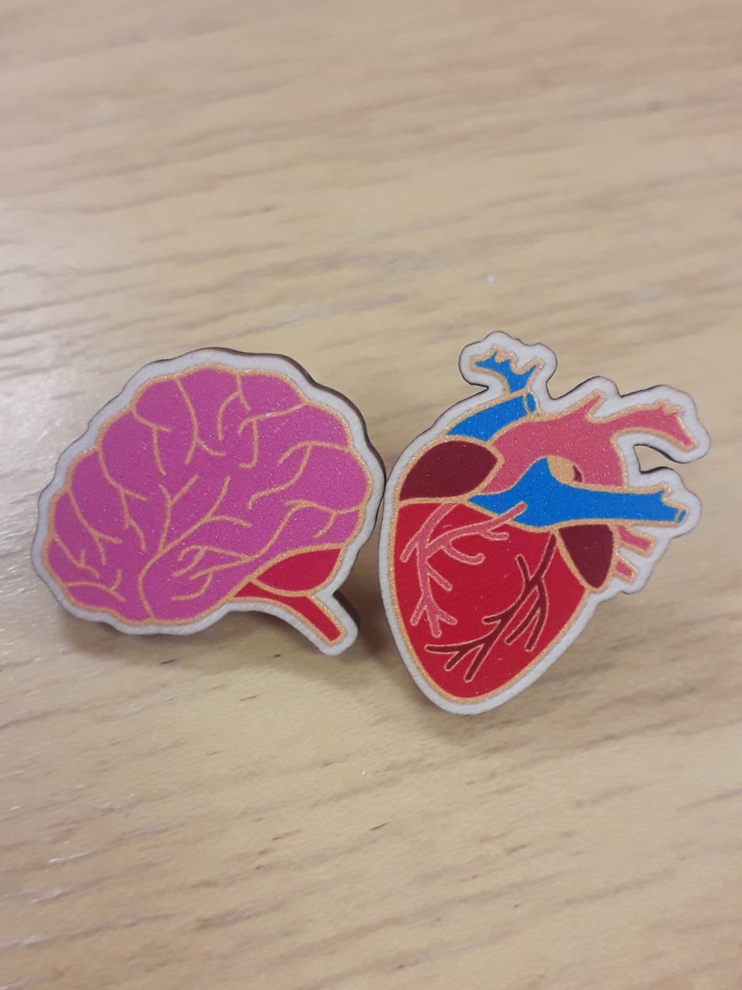 Anatomical Heart and Brain Wooden Pin Badges. Lapel / Brooch / Badge ...
