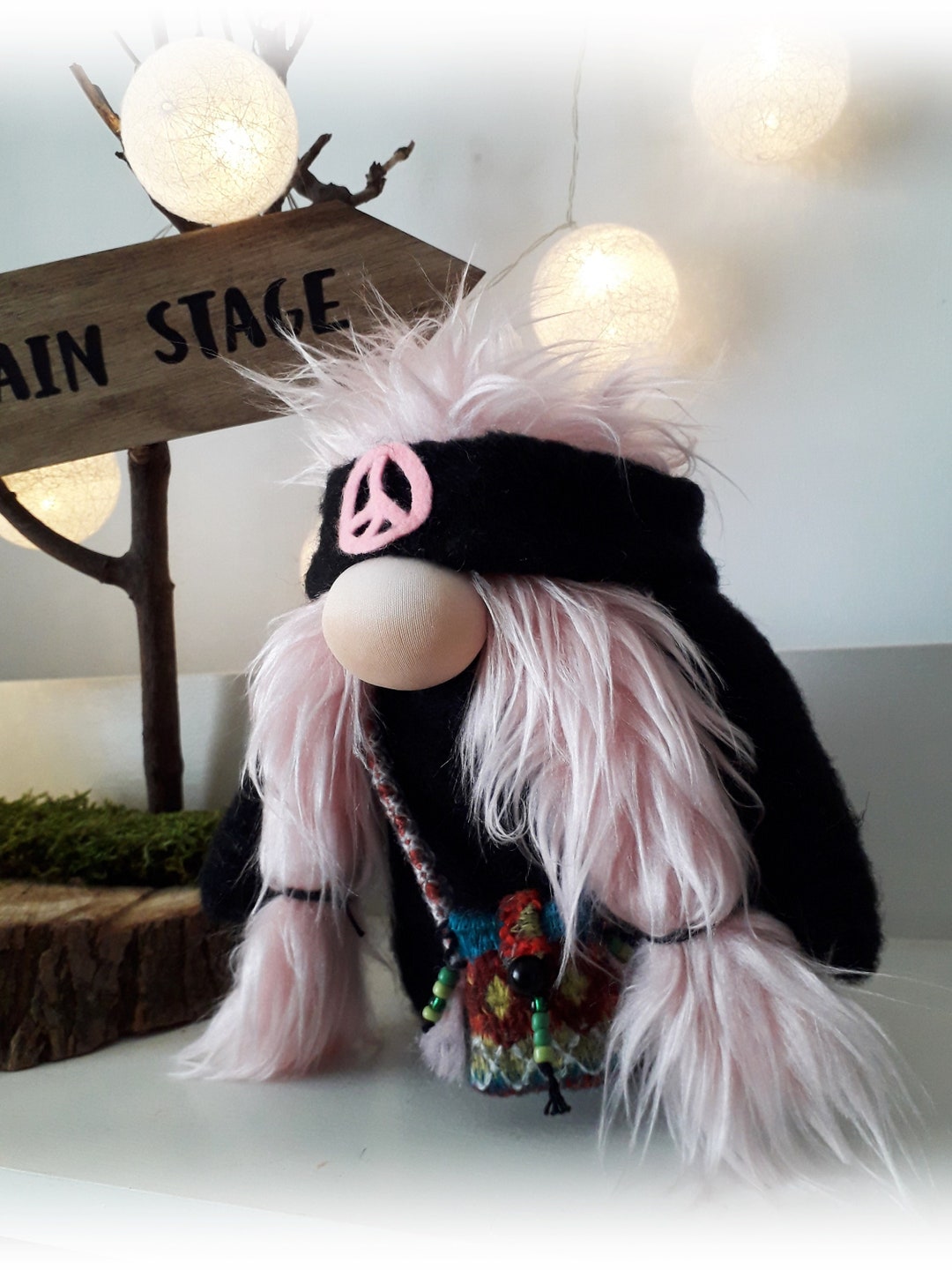 Peace Sign Pink Gnome Girl Gnome, Pink Hair Gonk, Rock Gnome, Bohemian ...