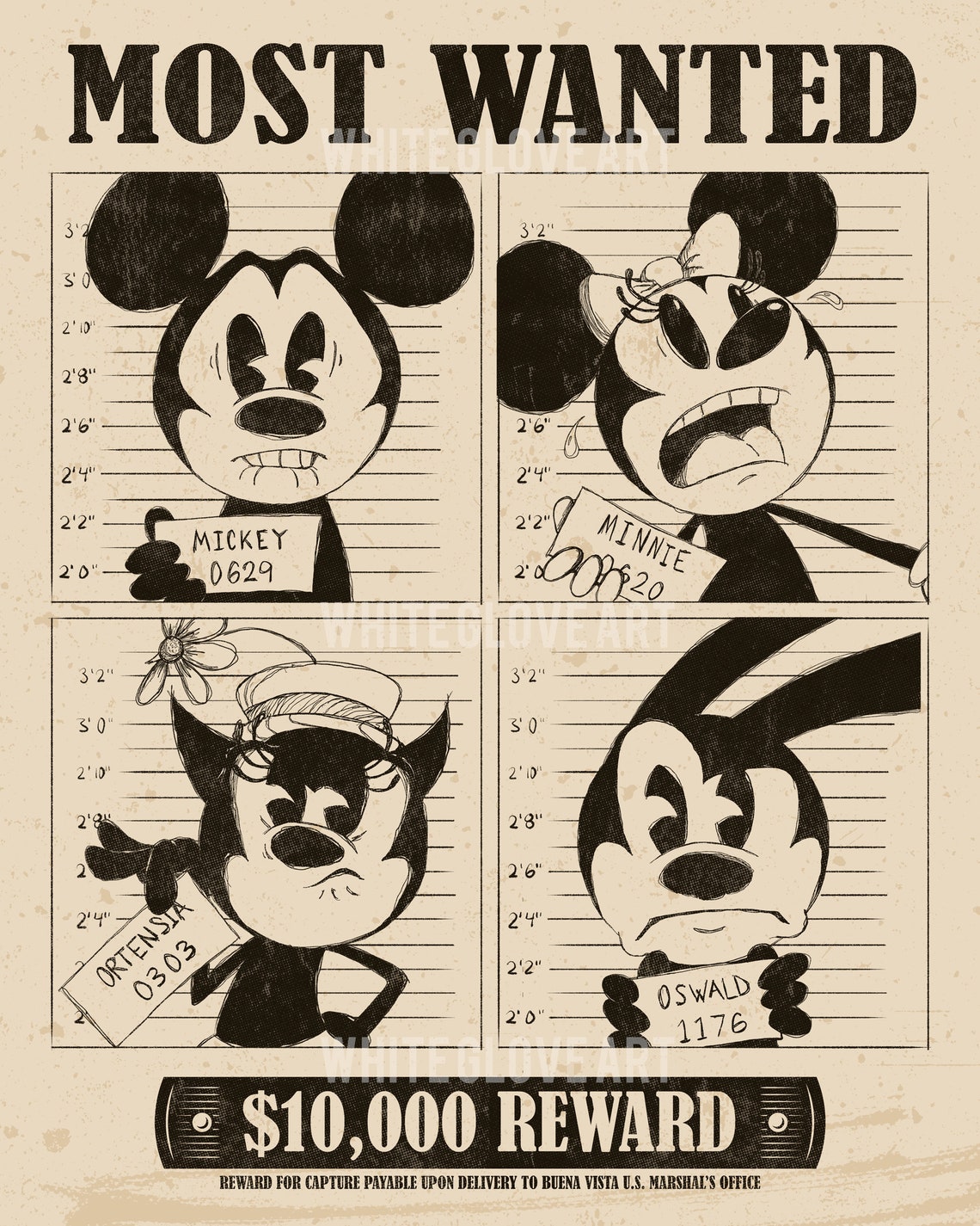 Disney Mugshots Art Print - Mickey Mouse, Minnie Mouse, Oswald the ...