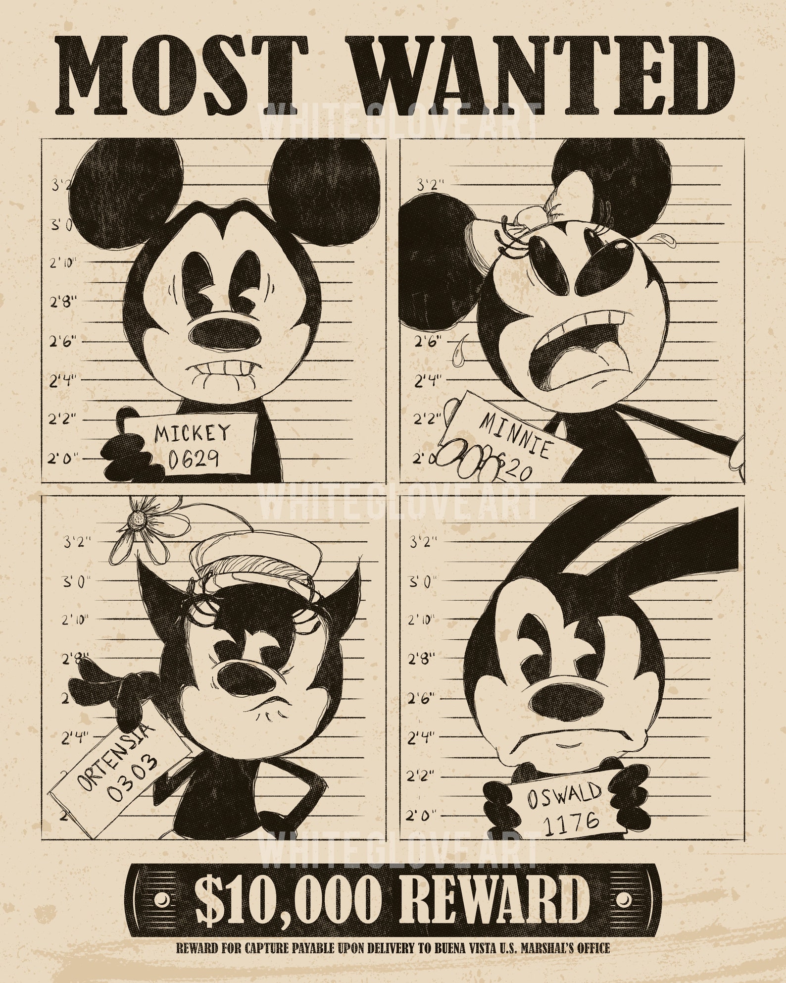 Disney Mugshots Art Print - Mickey Mouse, Minnie Mouse, Oswald the ...