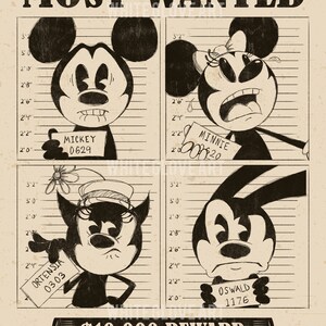 Disney Mugshots Art Print - Mickey Mouse, Minnie Mouse, Oswald the ...