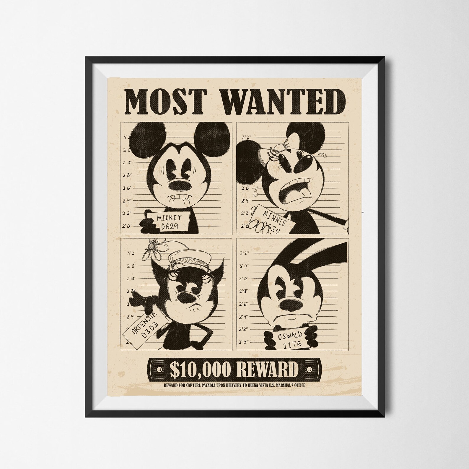 Disney Mugshots Art Print - Mickey Mouse, Minnie Mouse, Oswald the ...
