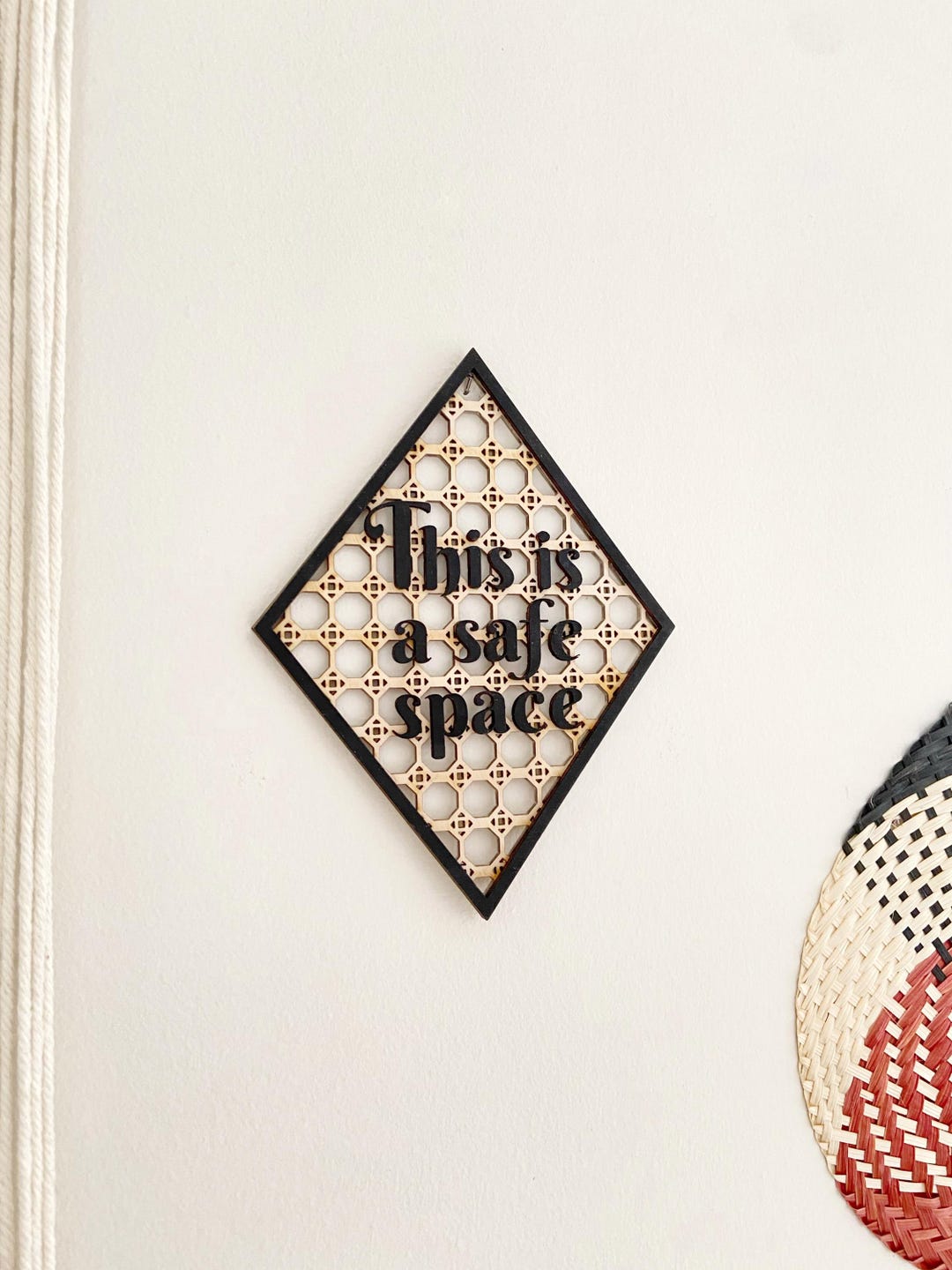 Handcrafted Wooden Safe Space Sign With Rattan Style Inspirational Home ...