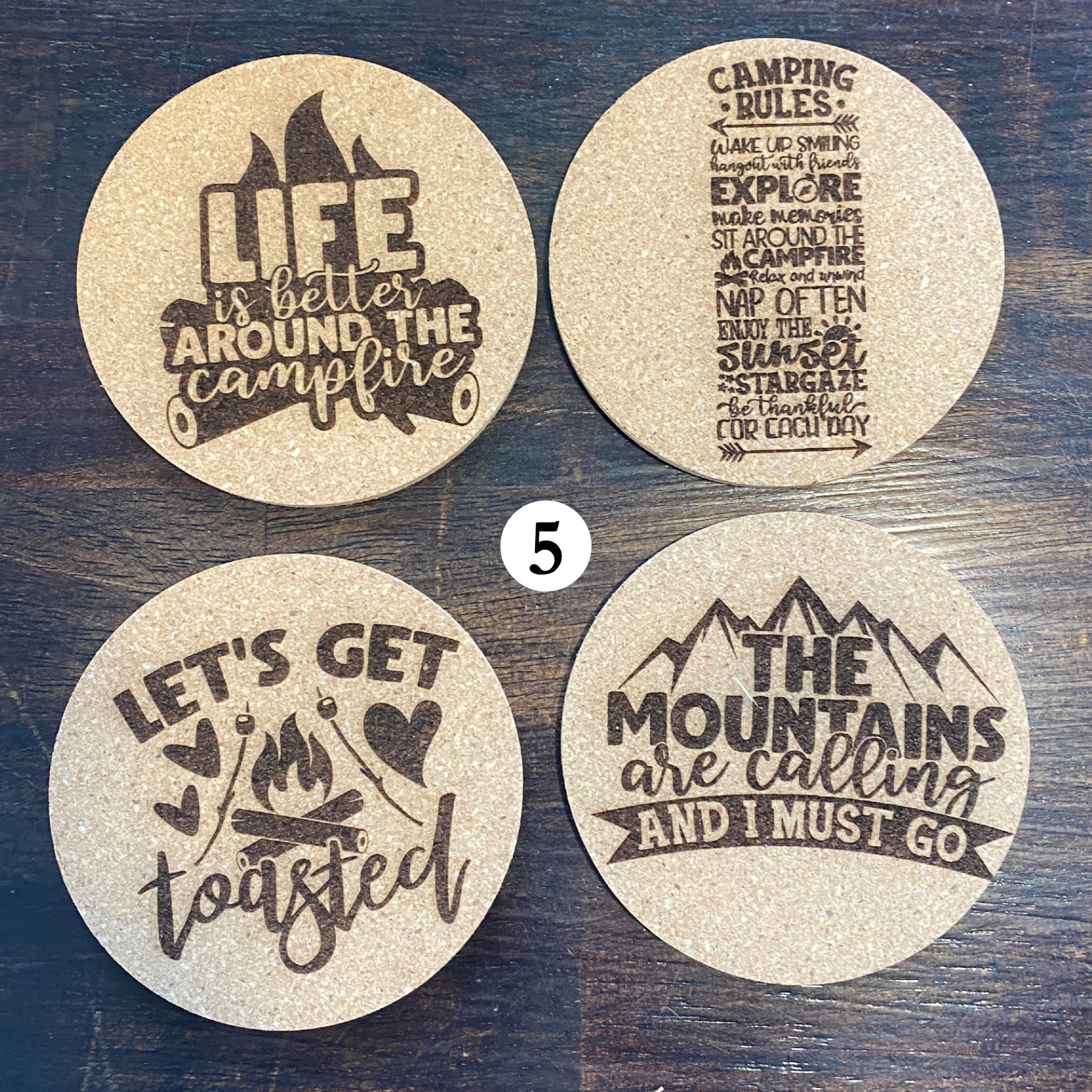 Camping Themed Cork Coasters, Set of 4, Laser Engraved, Round Coasters ...