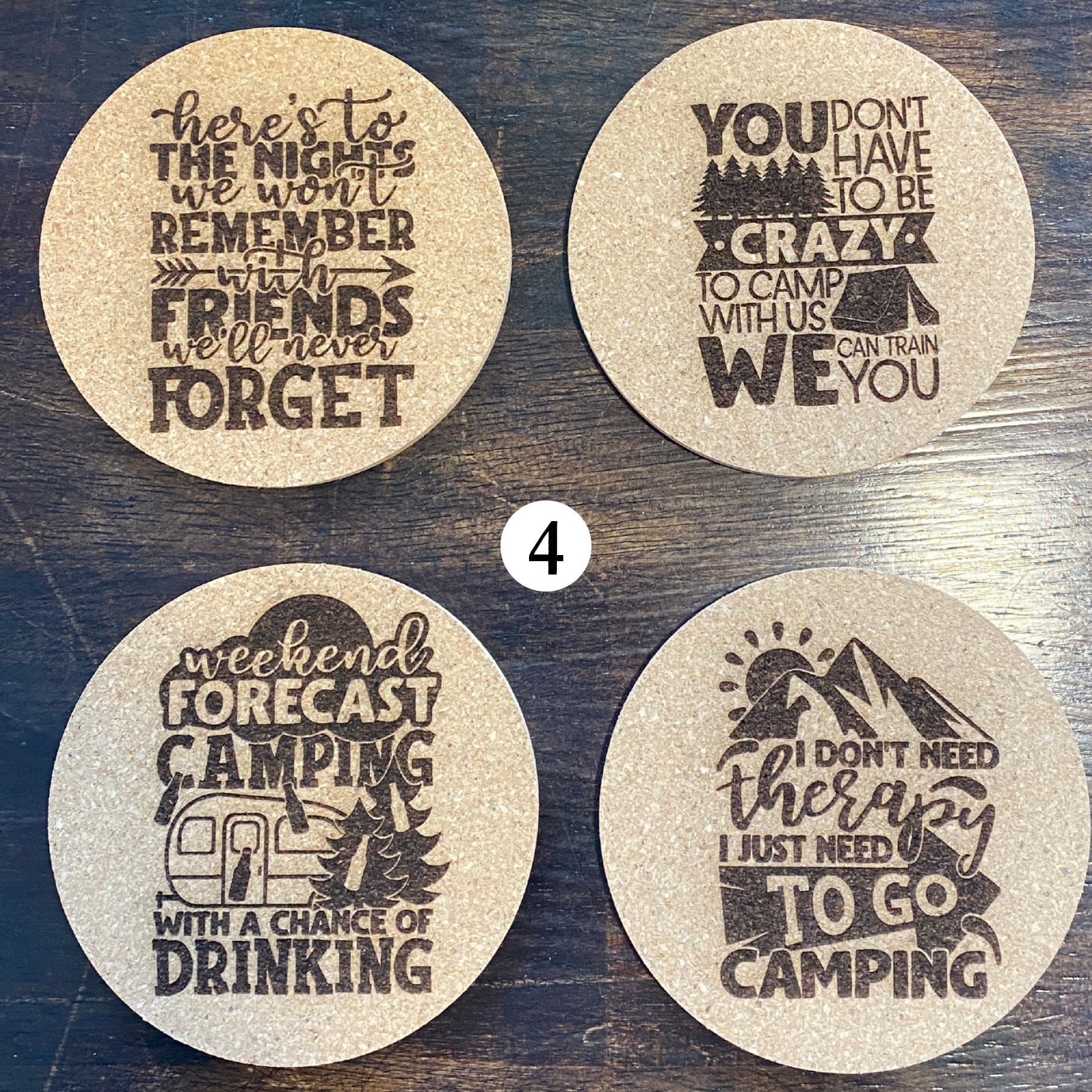 Camping Themed Cork Coasters, Set of 4, Laser Engraved, Round Coasters ...