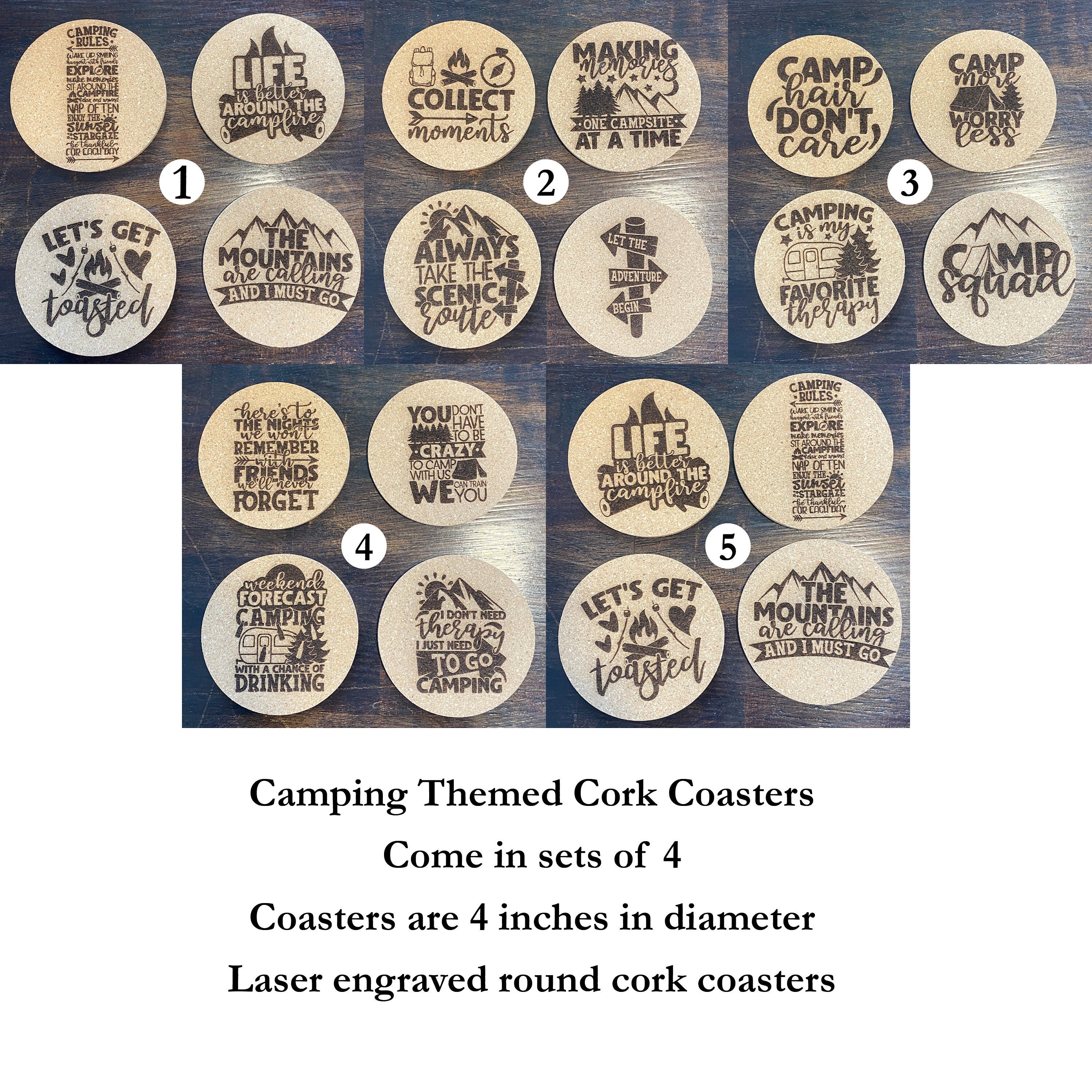 Camping Themed Cork Coasters, Set of 4, Laser Engraved, Round Coasters ...