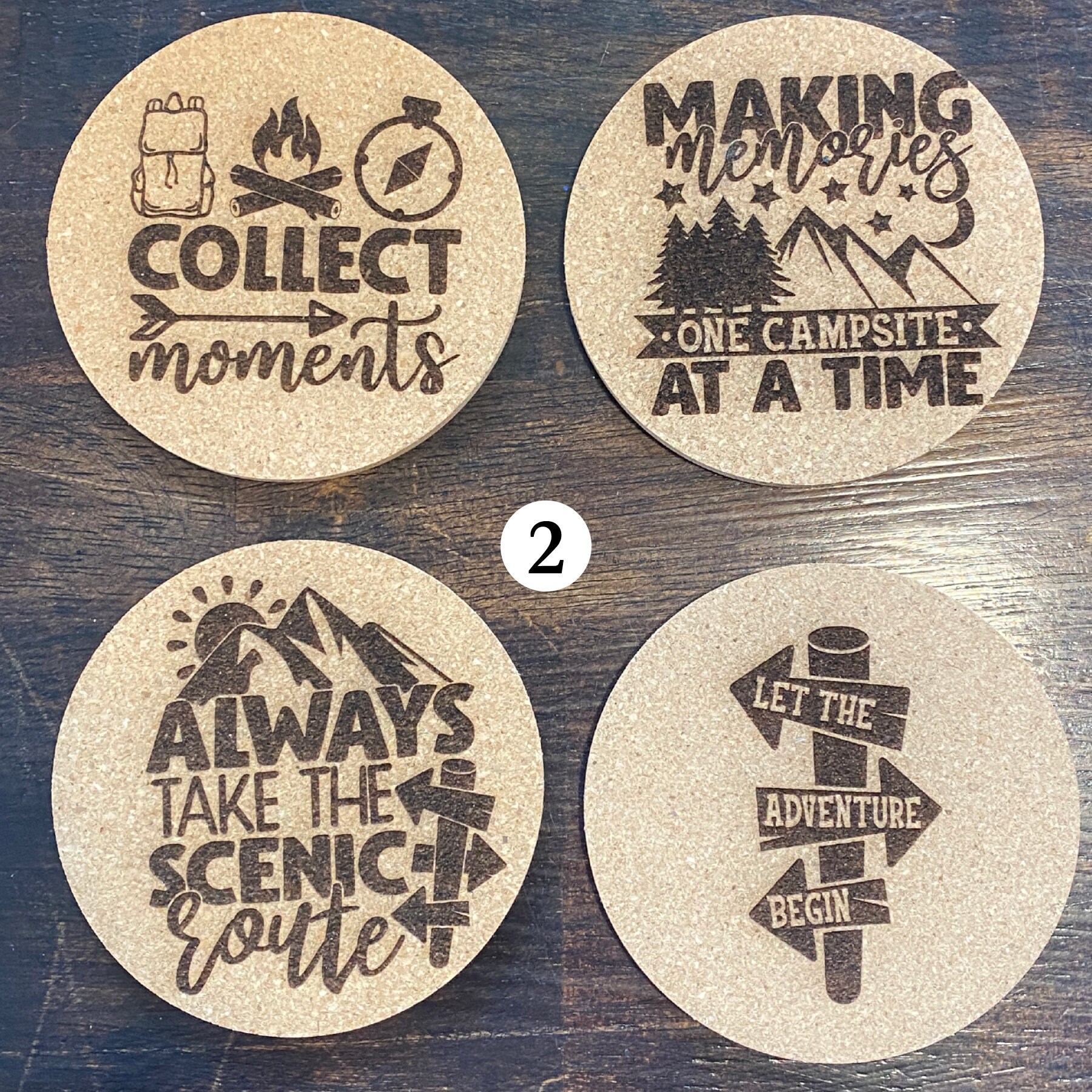 Camping Themed Cork Coasters, Set of 4, Laser Engraved, Round Coasters ...