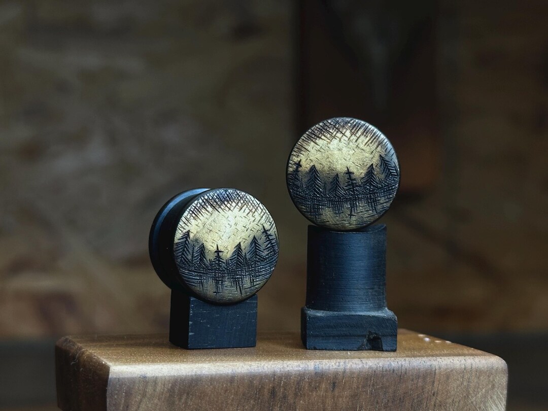 Wooden Plugs 18mm With Forest Pyrography, Ebony With Tulip Burl Veneer ...