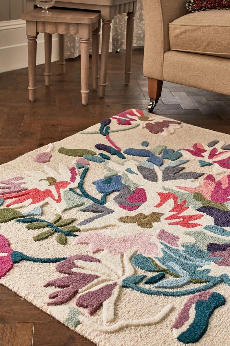 Pink Floral Rug Hand Tufted Wool Area Rug Hand Loop Cut Wool - Etsy