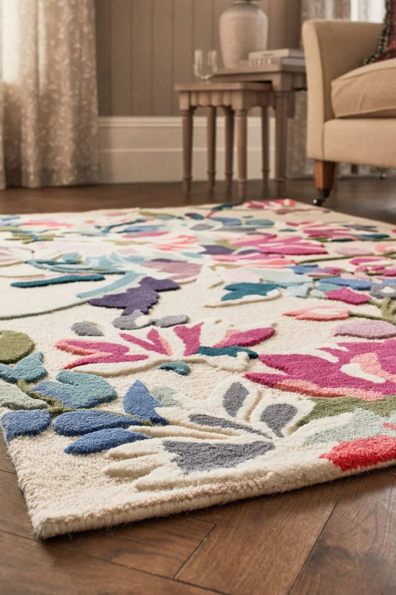 Pink Floral Rug Hand Tufted Wool Area Rug Hand Loop Cut Wool - Etsy
