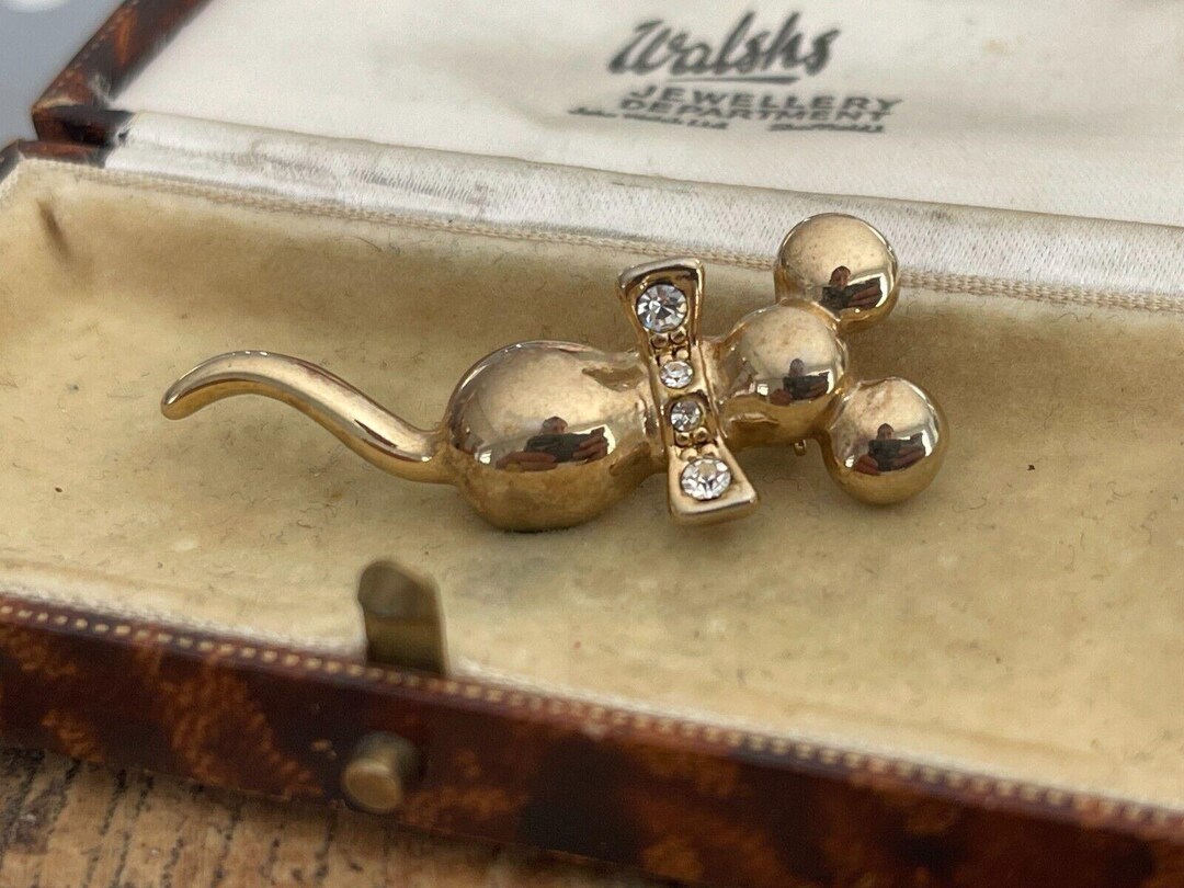 Vintage Mickey Mouse Style Brooch Gold Tone Pin Rhinestone Bow Animal ...