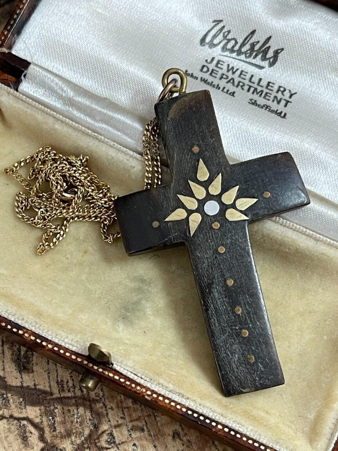 Vintage Dark Wood Cross Pendant Christian Reverend Catholic Gold Tone ...
