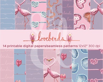 Love Birds Coral Valentine Digital Scrapbook Paper 12x12 Pack Set of 12 ...
