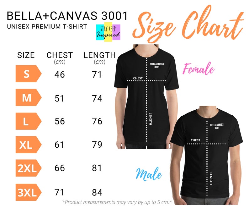 Bella Canvas 3001 Black Unisex T Shirt Size Chart Inches Cm Bella